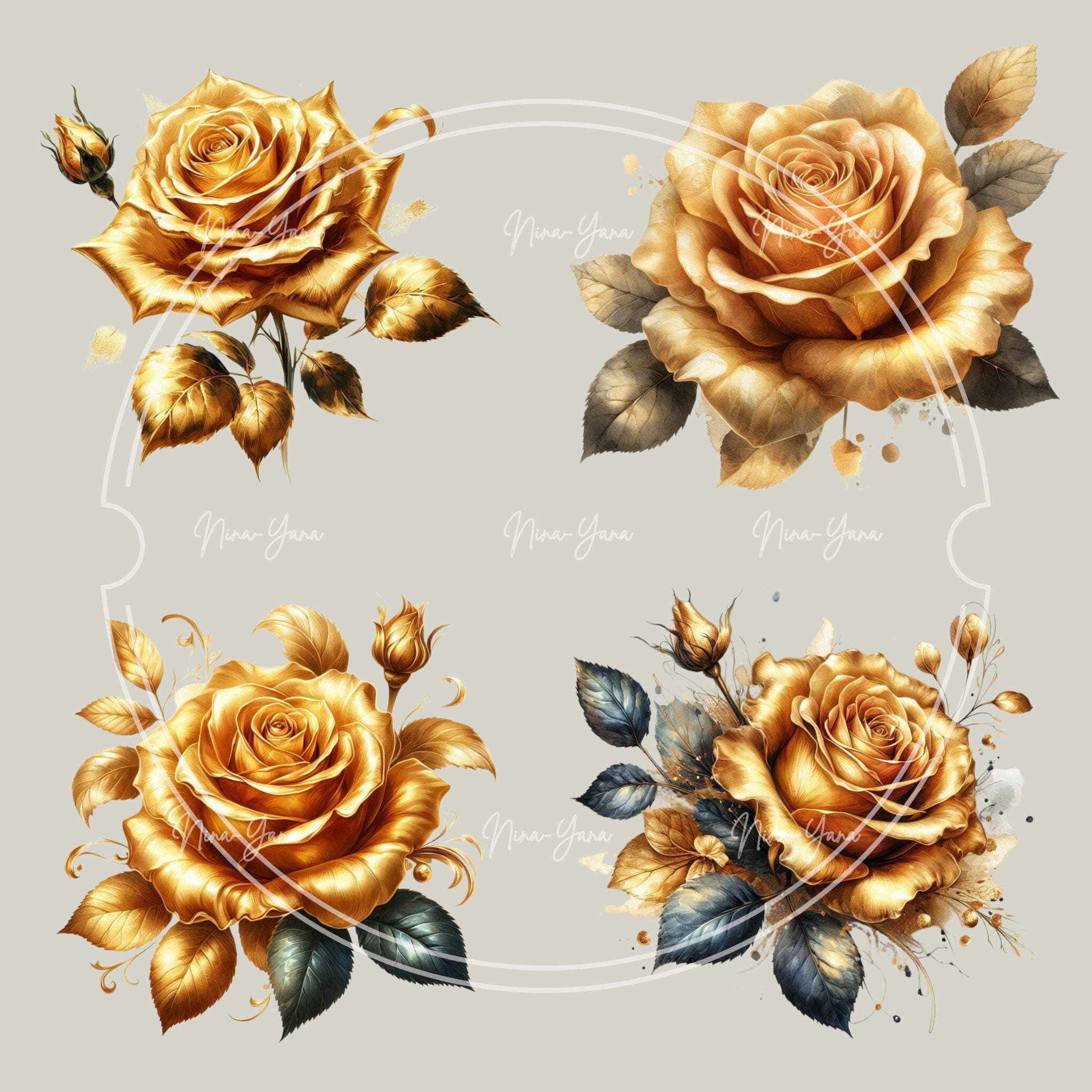 30 Golden Roses Clipart Bundle PNG, Gold Roses Watercolor, Gold Roses ...
