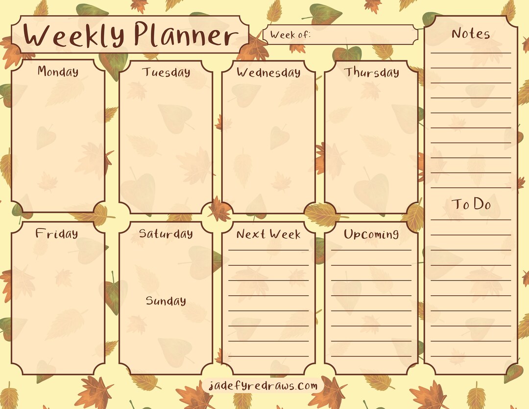 Falling Leaves Printable Weekly Calendar Page Organization and to Do ...