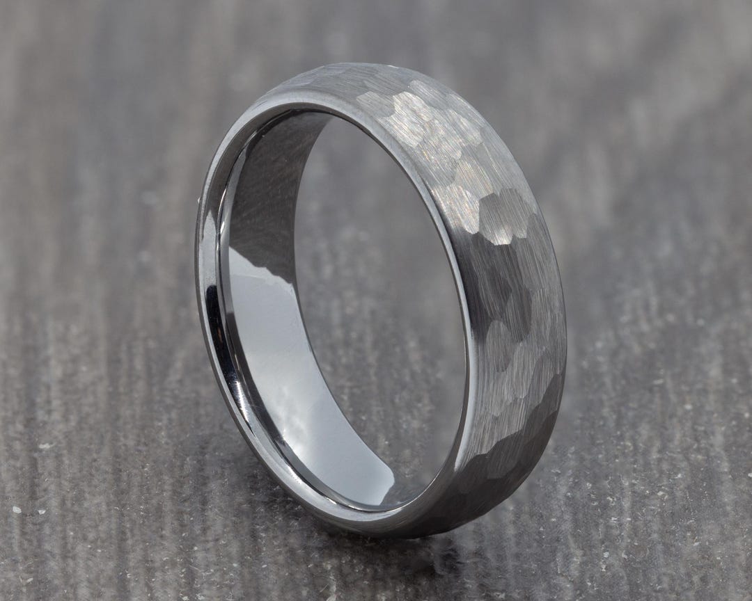 6mm Mens Silver Tungsten Carbide Ring - Hammered & Brushed Mens + Womens Court Wedding Band ...