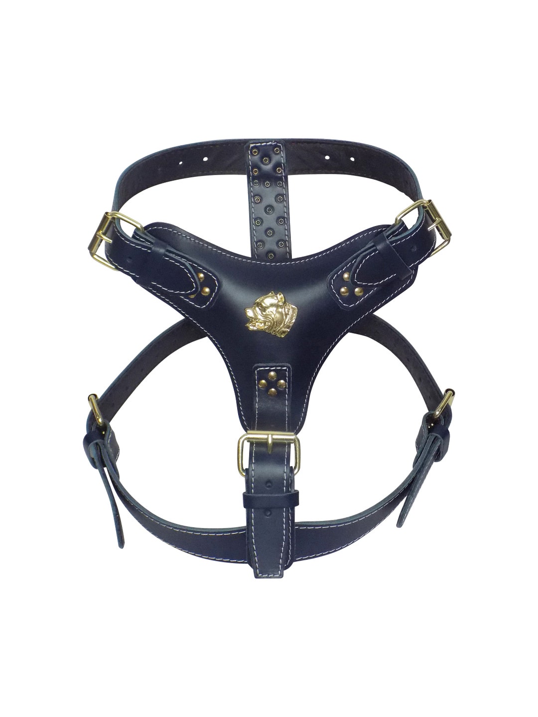 XL Heavy Duty Leather Dog Harness Navy Blue With Unique Gold American ...