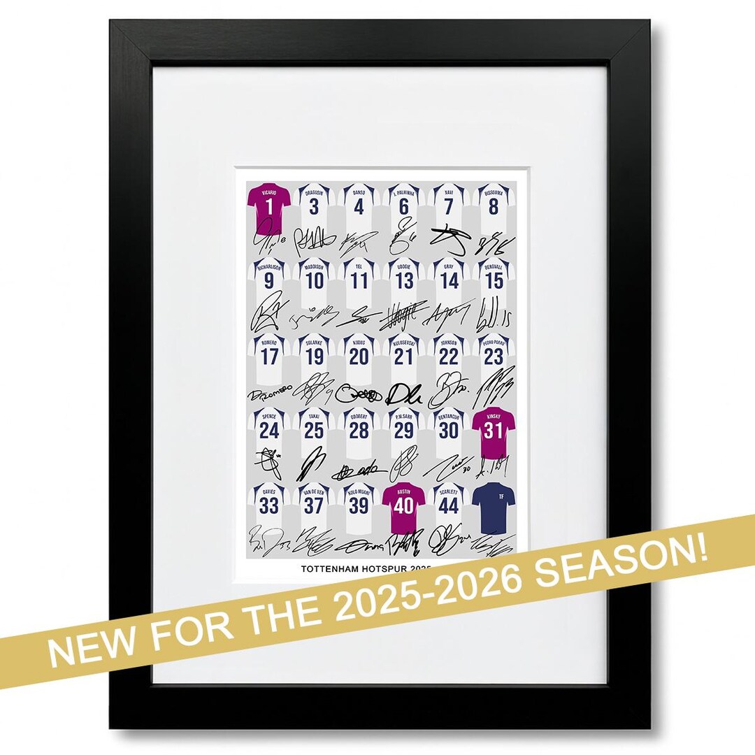 TOTTENHAM HOTSPUR Team Squad 2025-2026 Signed Poster Print Framed ...
