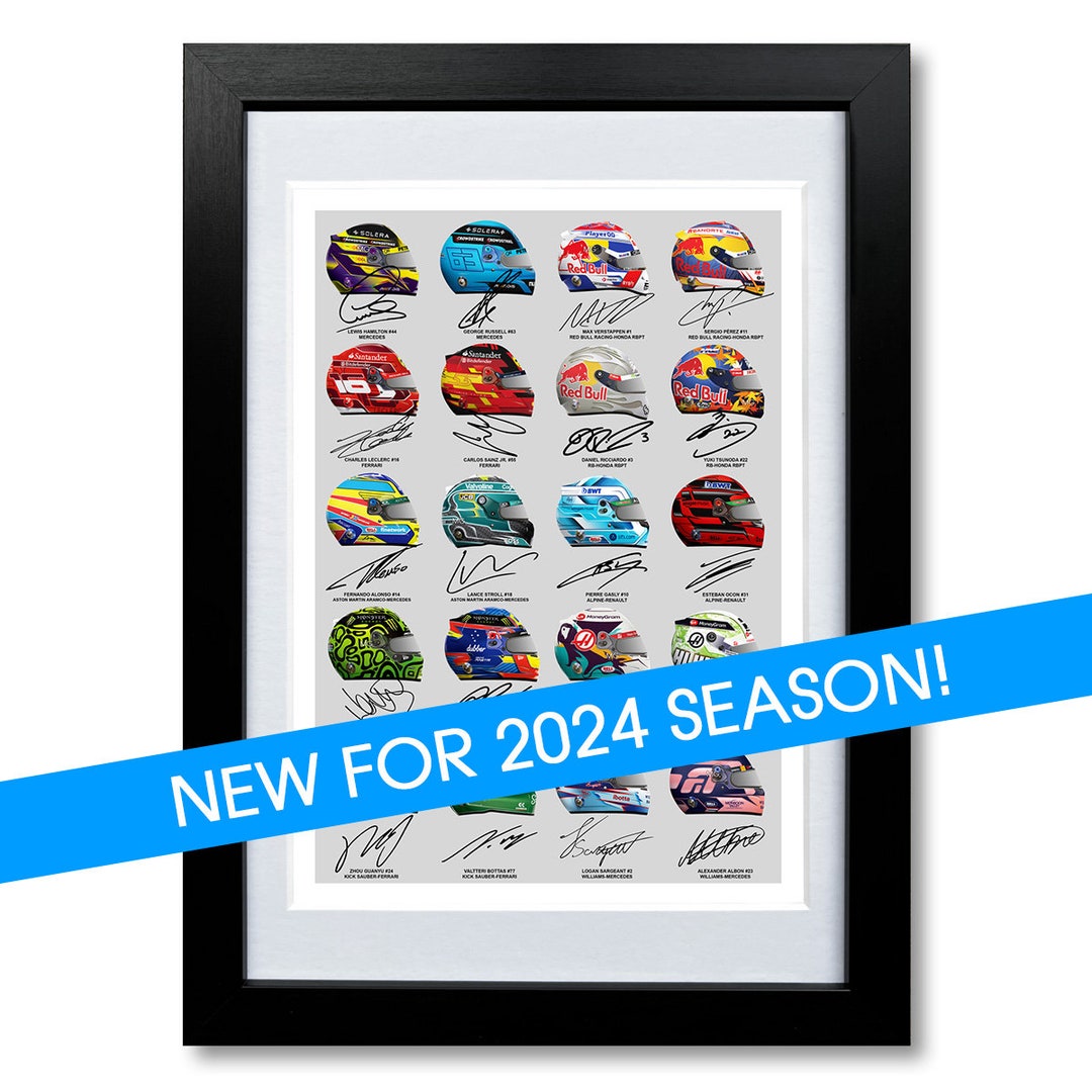 NEW FORMULA ONE 2024 All Drivers Helmets Signed Poster Print Photo ...