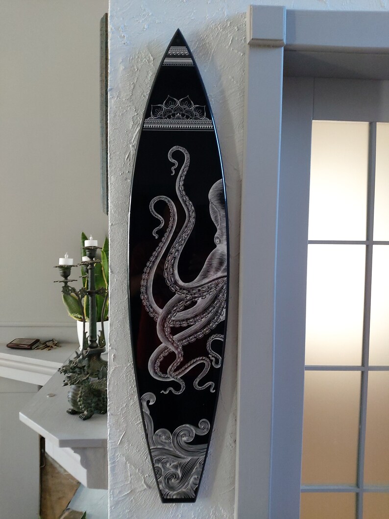 Surfboard shaped wall hanging in black color with white | Etsy