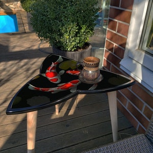 Triangle Coffee Table With Fish Pattern: Black Wooden Tea-poy Low Table ...