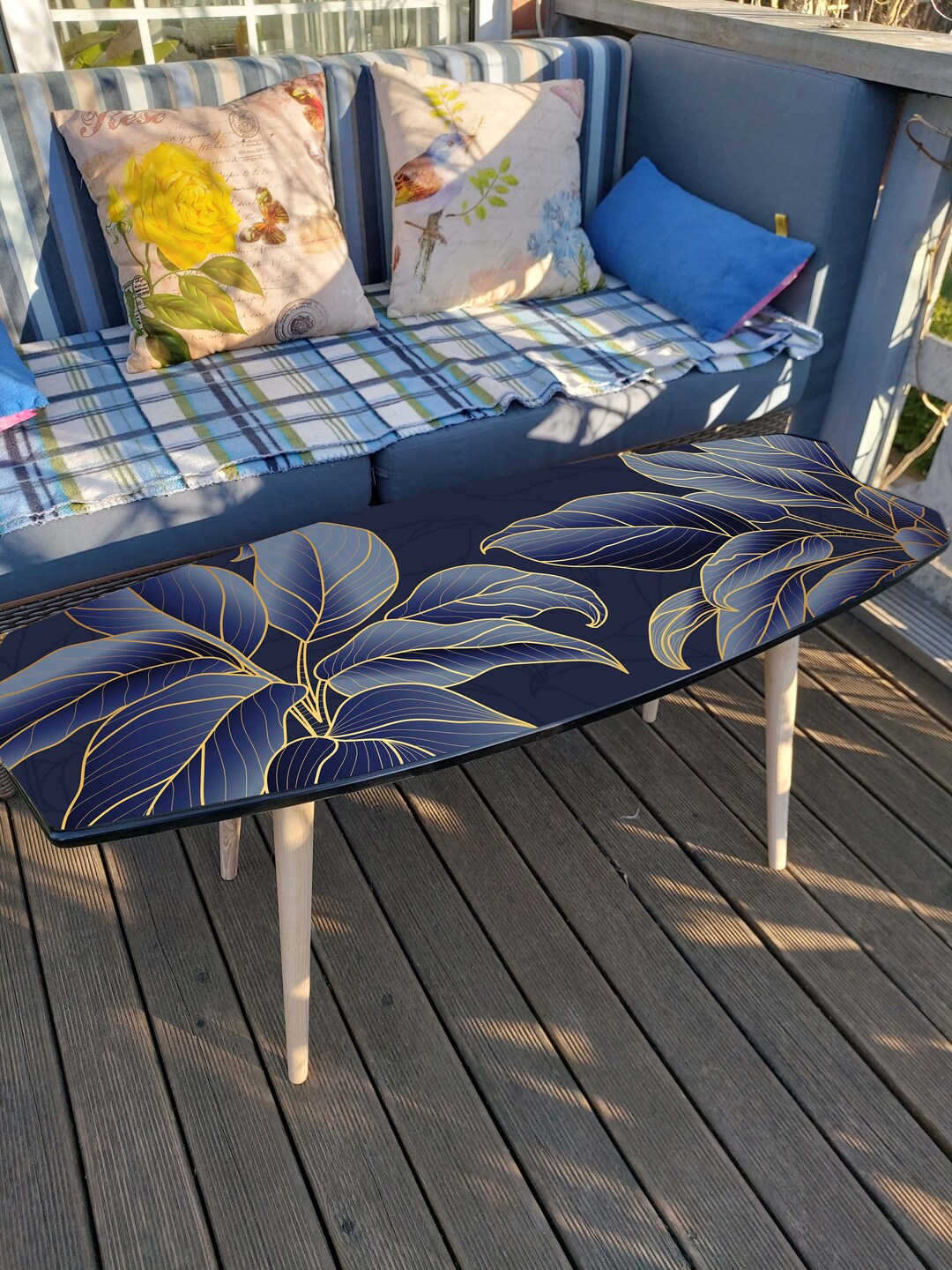 Fish Surfboard Shaped Accent Sofa Table With Leaves Pattern: Blue Gold ...
