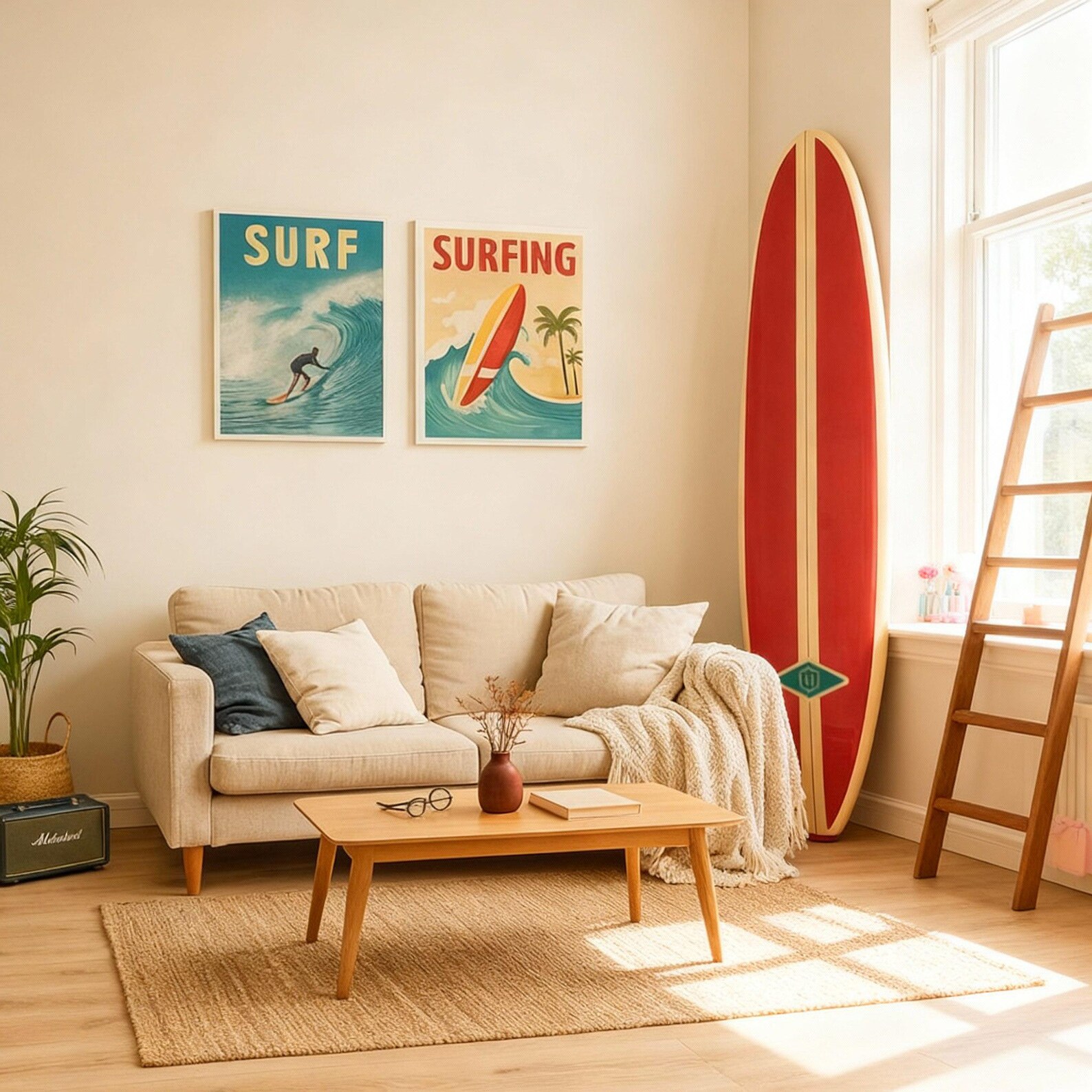 Vintage Surfboard Wall Decor – Retro Wooden Surfboard With Striped ...
