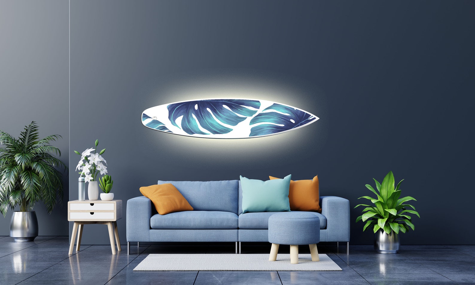 Surfboard-shape Wall Led Light With Green Monstera - Etsy