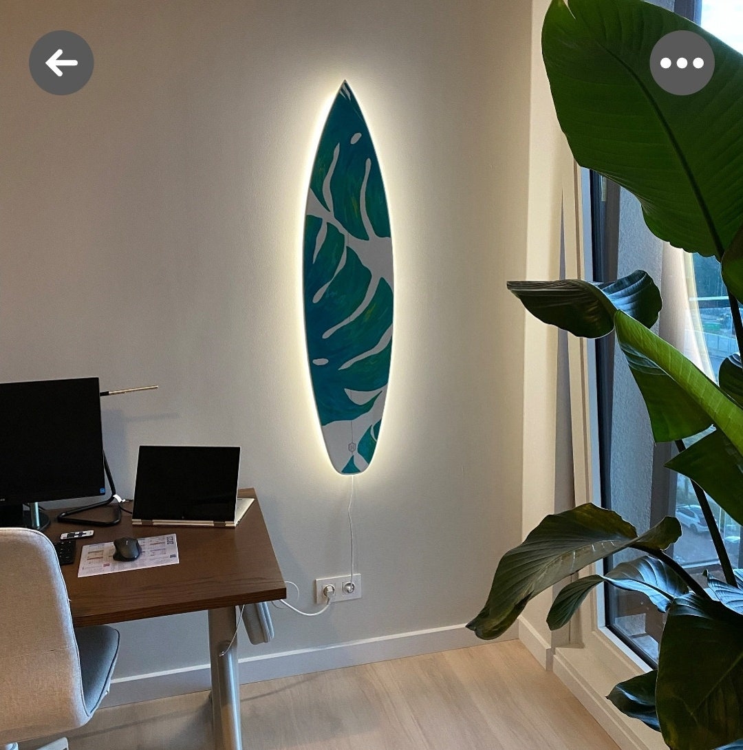 Surfboard-shape Wall Led Light With Green Monstera - Etsy