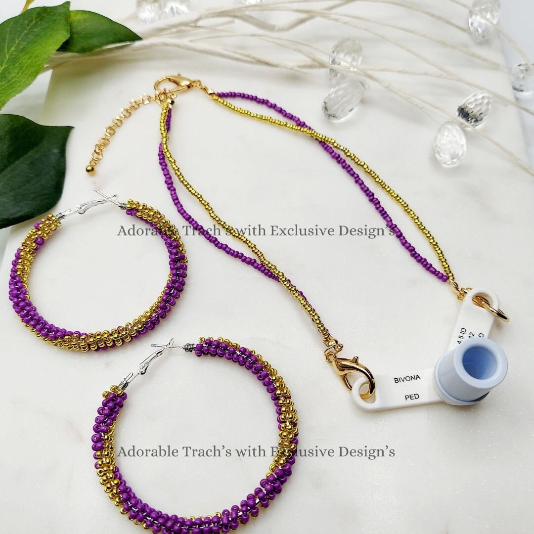 Beaded Trach Tie, Adjustable Trach Ties purple and Gold 2 Strand Trach ...