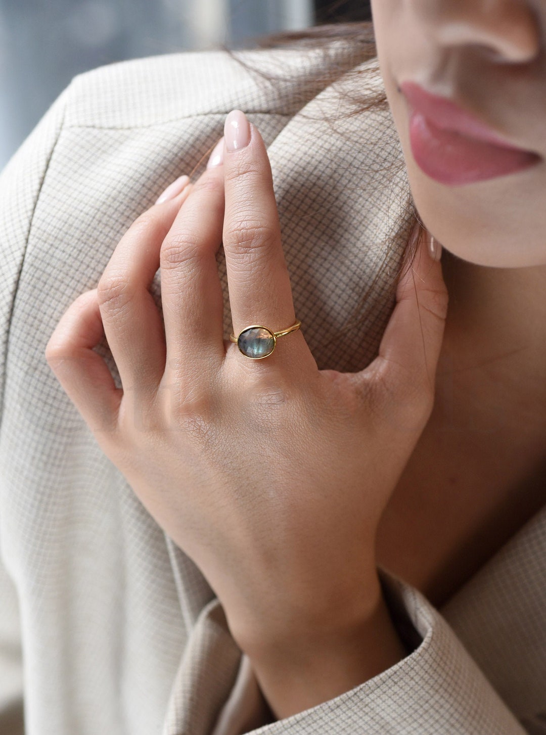 925 Vermail Oval Shape Labrodorite Adjustable Ring - Etsy