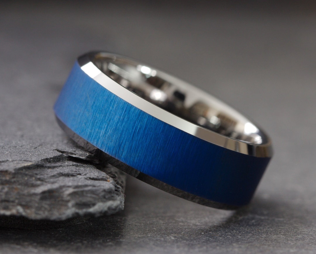 Men's Blue and Silver Wedding Ring, Reflective Finish Wedding Ring ...
