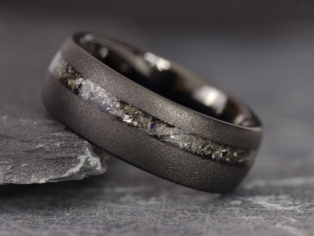 Black Obsidian Meteorite Ring, Mens Black Tungsten Wedding Band ...