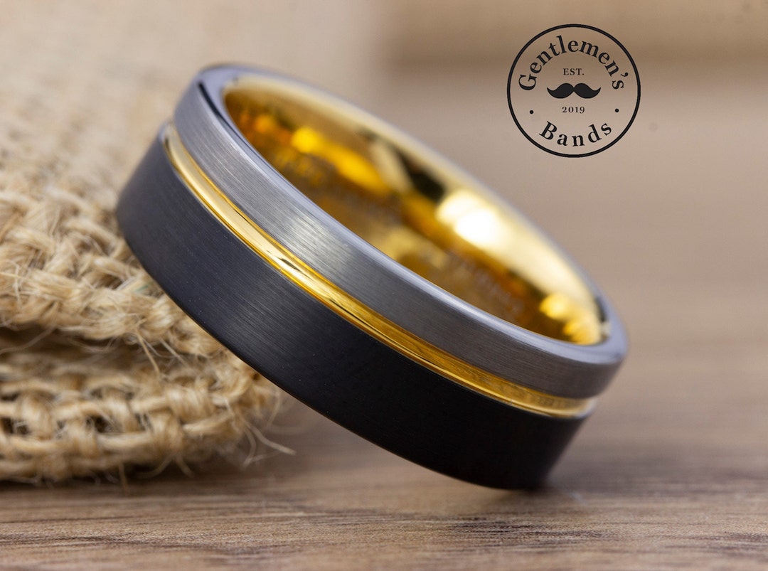 Black and Gold Tungsten Ring- Mens Brushed Silver Wedding Band - Mens ...