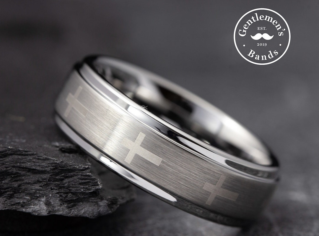 Cross Ring, Mens Silver Ring, Mens Wedding Band, Tungsten Ring, Promise ...