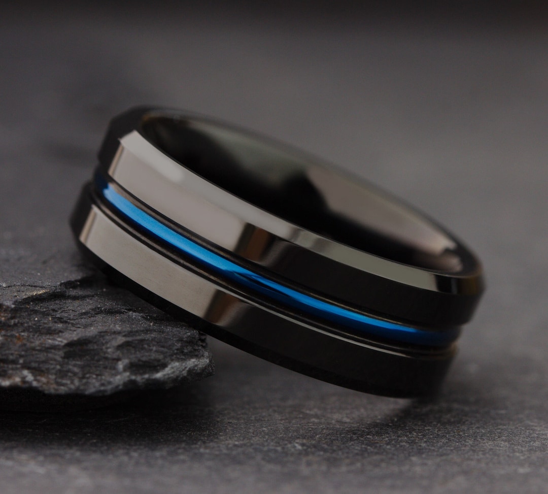 Thin Blue Line Ring, Black Ring, Mens Wedding Band, Engagement Ring ...
