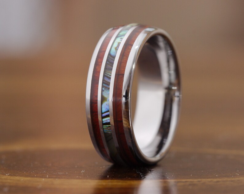 Abalone Ring Mens Wedding Ring, Koa Wood Mens Silver Wedding Band ...