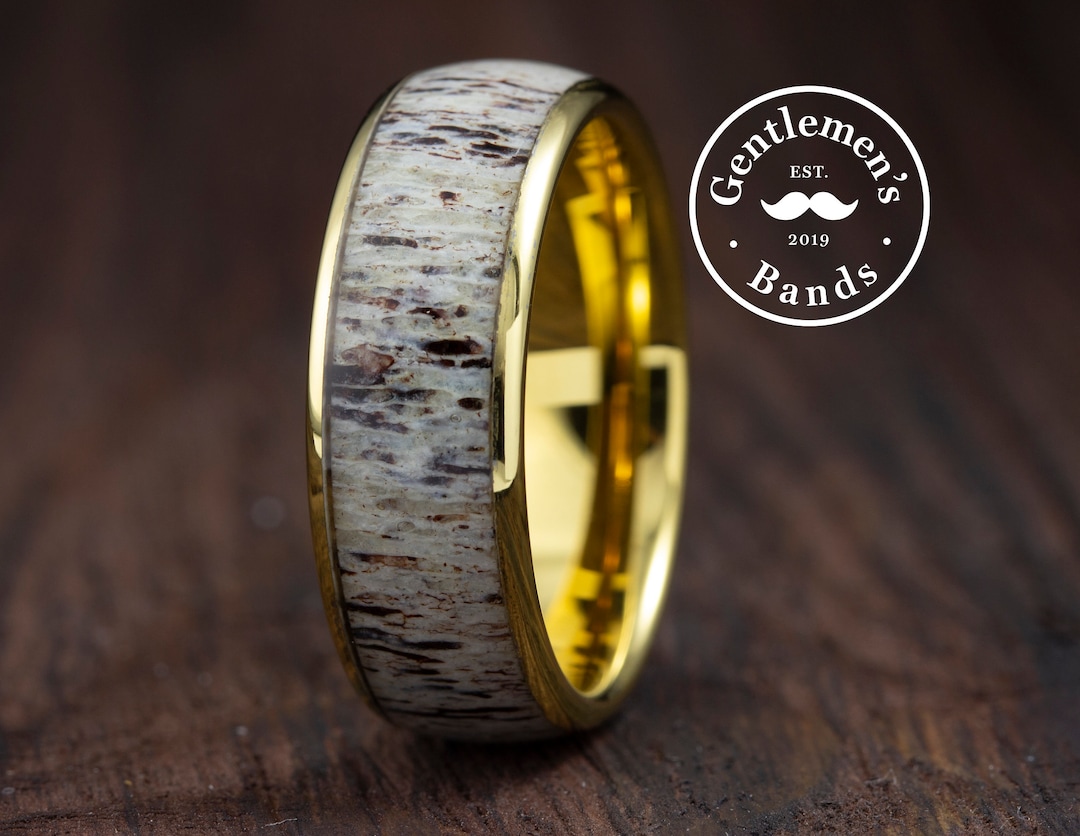 Mens Gold Wedding Ring, Deer Antler Wedding Ring, Mens Wedding Band ...