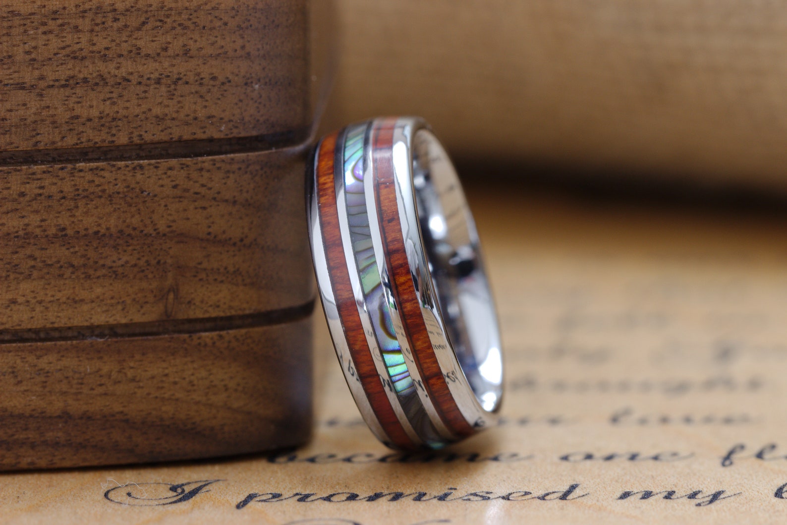 Abalone Wedding Ring With Koa Wood Mens Wedding Band Wooden | Etsy