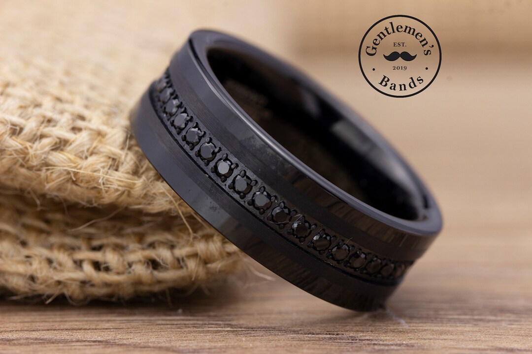 Men's Black With Black CZ Diamonds Wedding Ring, Brushed Wedding Ring ...