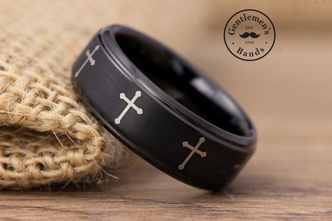 Men's Black With Engraved Crosses Wedding Ring, Brushed Wedding Ring ...