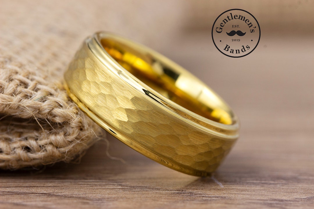 Mens Gold Hammered Wedding Band, Mens Gold Wedding Ring, Mens Hammered Ring, Tungsten Carbide ...
