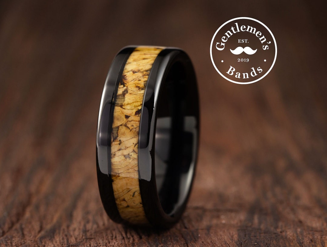 Mens Black Wedding Ring, Cork Inlay Ring, Men Wedding Band, Black ...