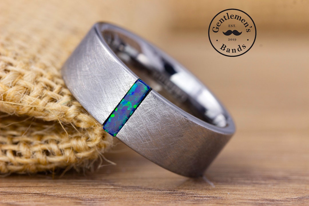 Mens Silver Opal Wedding Band, Mens Opal Wedding Ring, Mens Silver Ring, Tungsten Carbide Band ...