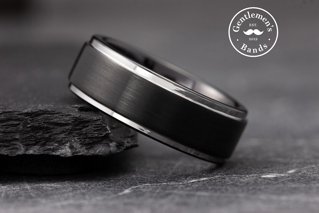 Men's Black and Steel Wedding Ring, Brushed Wedding Ring, Mens Wedding ...