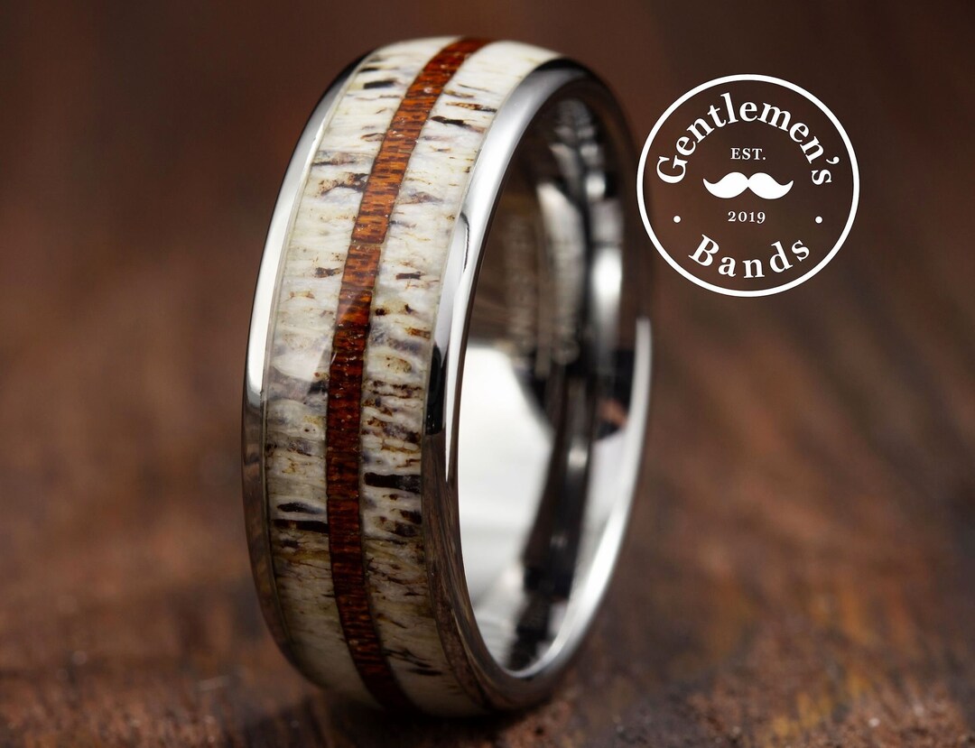 Deer Antler Ring, Whiskey Barrel Wood and Antler Ring, Mens Wedding ...