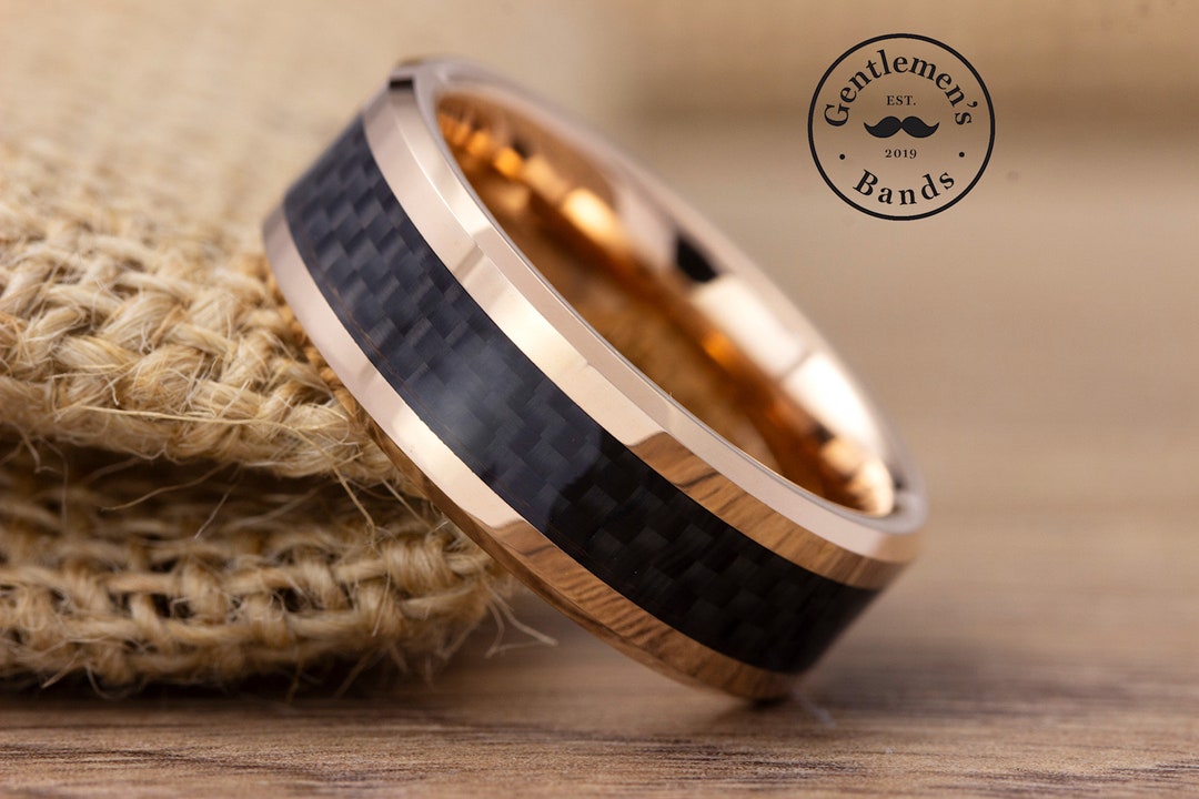 Mens Rose Gold With Carbon Fiber Wedding Band, Mens Rose Gold Wedding ...