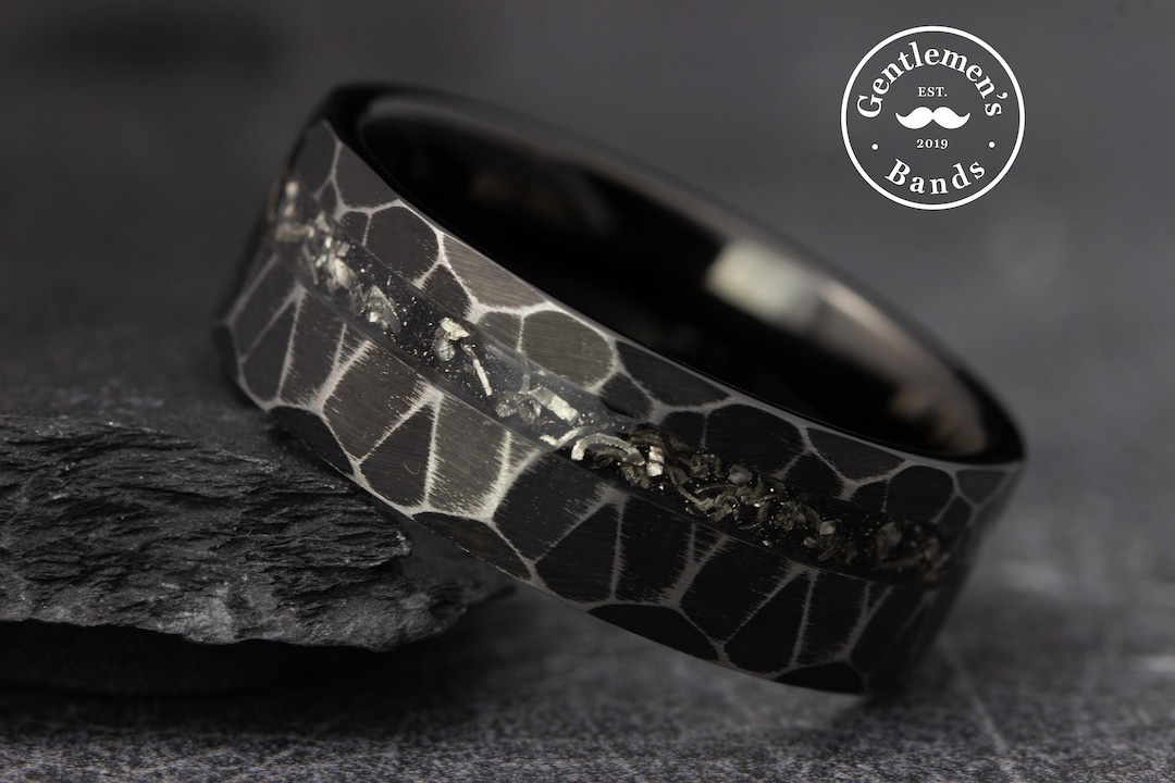 Meteorite Ring, Black Hammered Wedding Band, Black Obsidian Tungsten ...