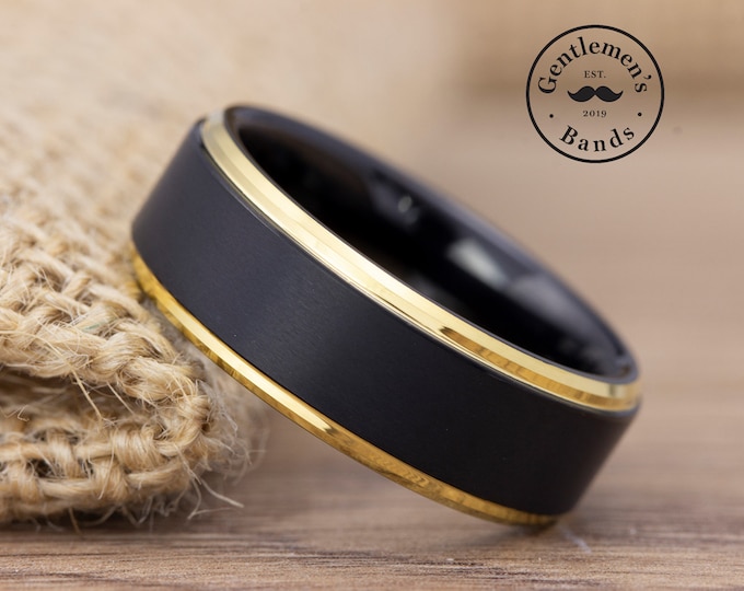 Men's Black and Gold Wedding Ring, Brushed Wedding Ring, Mens Wedding ...