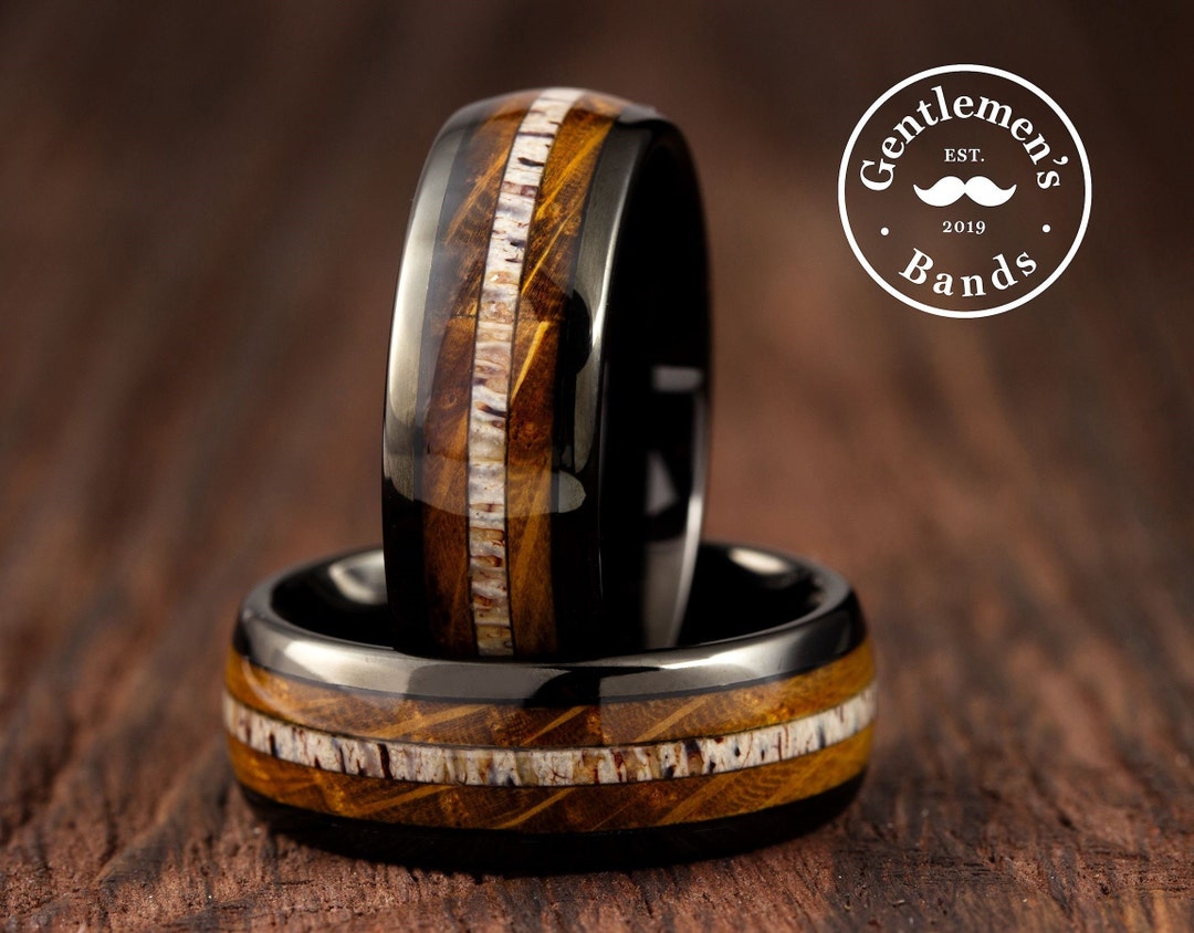 Deer Antler Ring, Whiskey Barrel Wood Ring, Hunting Wedding Band, Wood ...