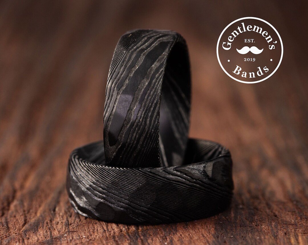 Damascus Wedding Band, Mens Wedding Ring, Black Damascus Ring, Husband ...