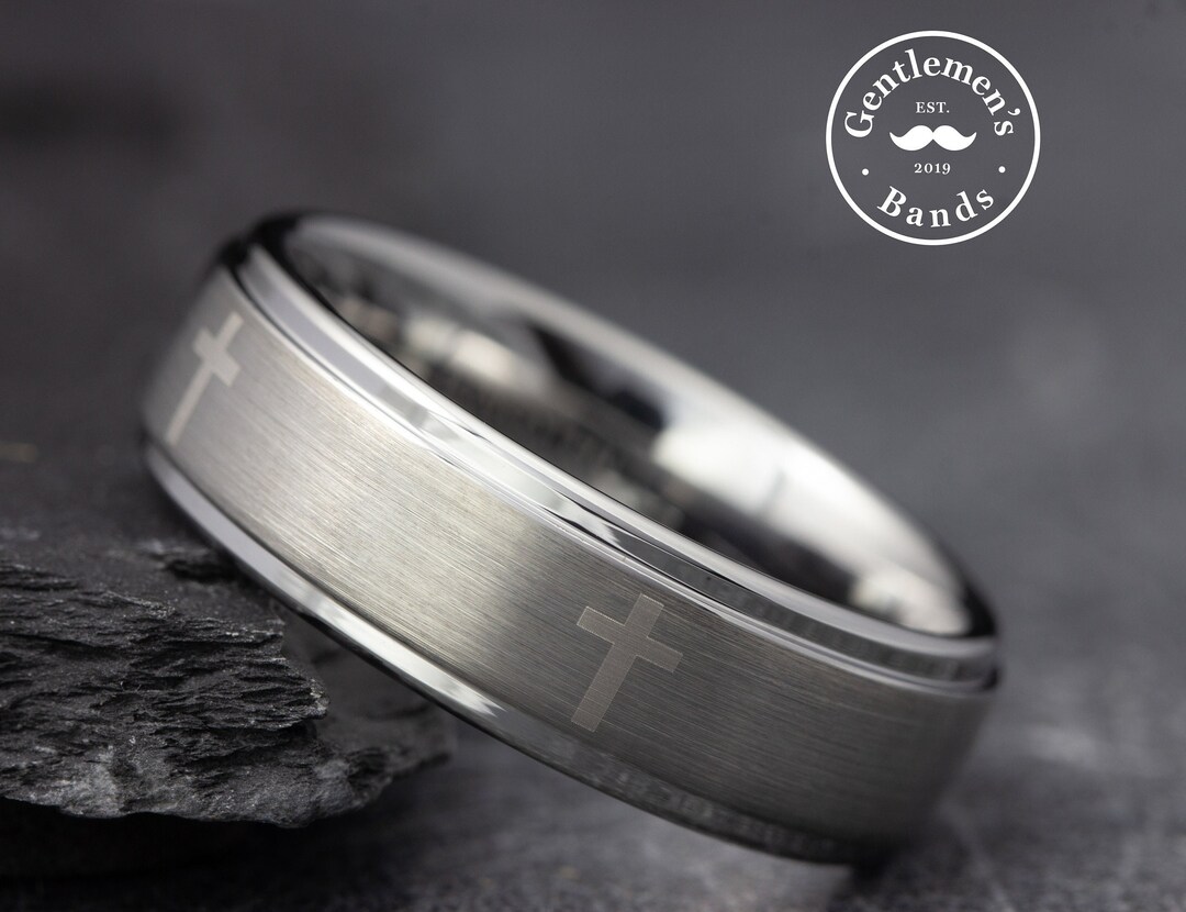 Mens Wedding Band Cross, Silver Tungsten Ring Men, Mens Cross Ring ...