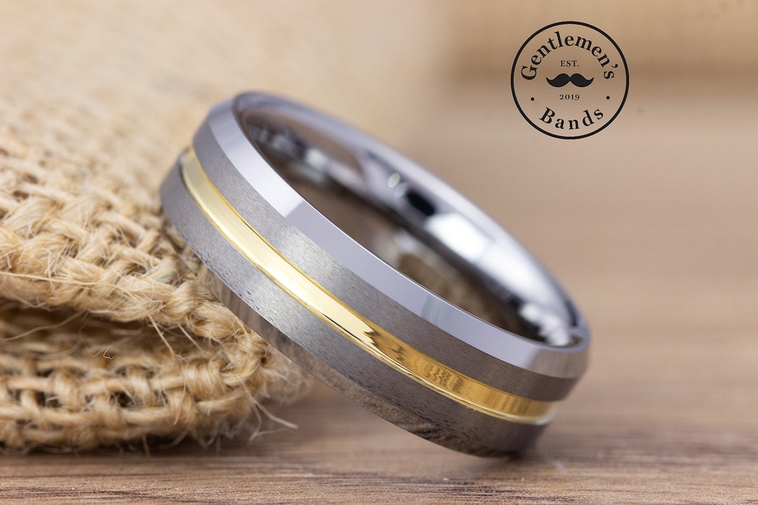 Mens Silver and Gold Grooved Wedding Band, Mens Gold Wedding Ring, Mens ...