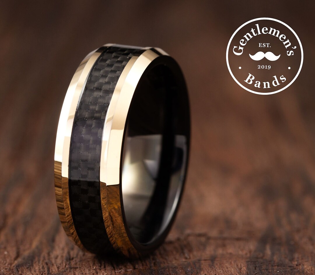Black Carbon Fiber Wedding Band, Mens Wedding Band, Gold Ring, Husband ...