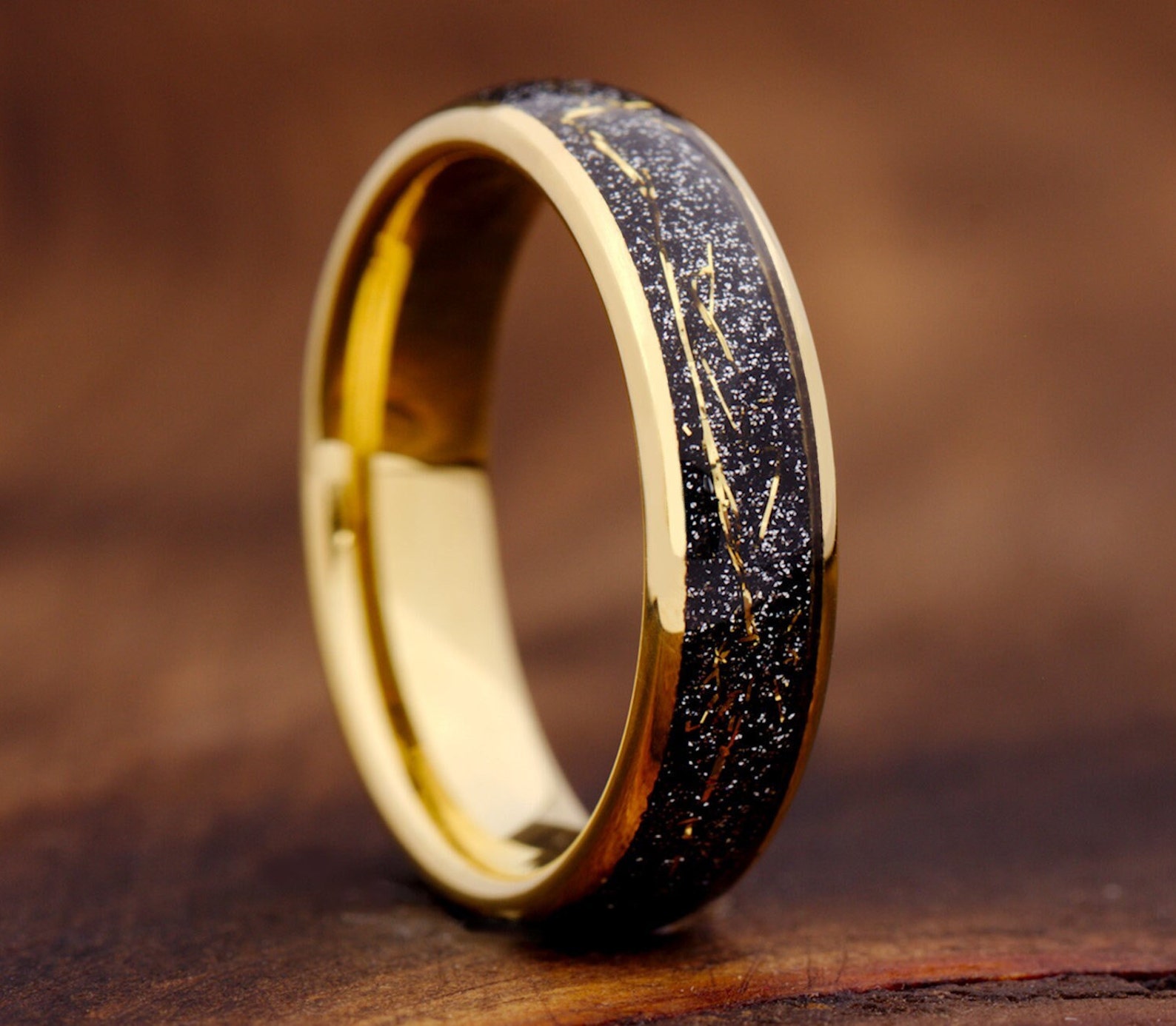 Meteorite Ring Mens Wedding Band Black and Gold Ring Mens - Etsy