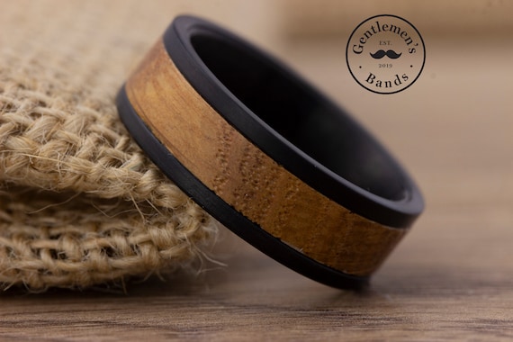 Whiskey Barrel Ring Mens Wedding Band Brushed Black Mens Ring Bourbon Gifts Wood Wedding Band Wooden Ring 15th Anniversary Engagement Etsy