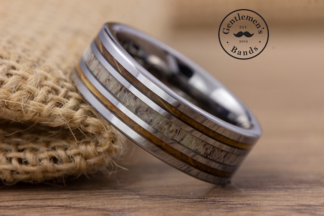 Mens Outdoorsman Antler Ring With Whiskey Wood, Deer Antler Ring, Deer ...