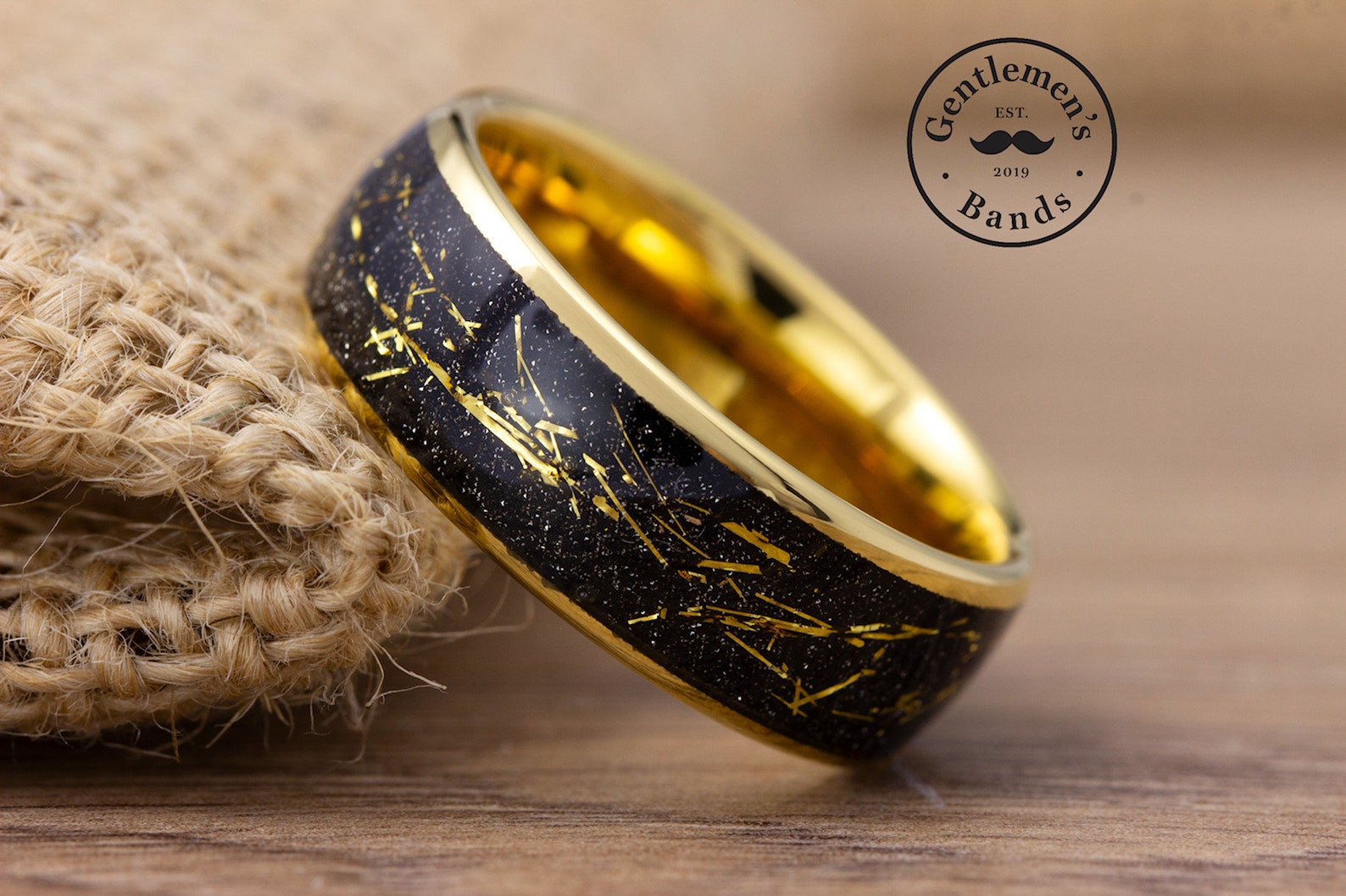Meteorite Ring Mens Wedding Band Black and Gold Ring Mens - Etsy