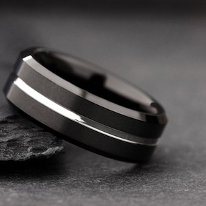 Black and Silver Mens Wedding Ring, Black Wedding Band, Silver Groove ...