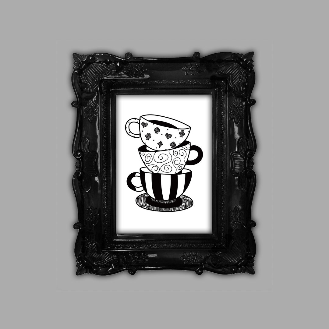 Gothic Tea Cups Art Print Spooky Halloween Poster, Kitchen Artwork ...