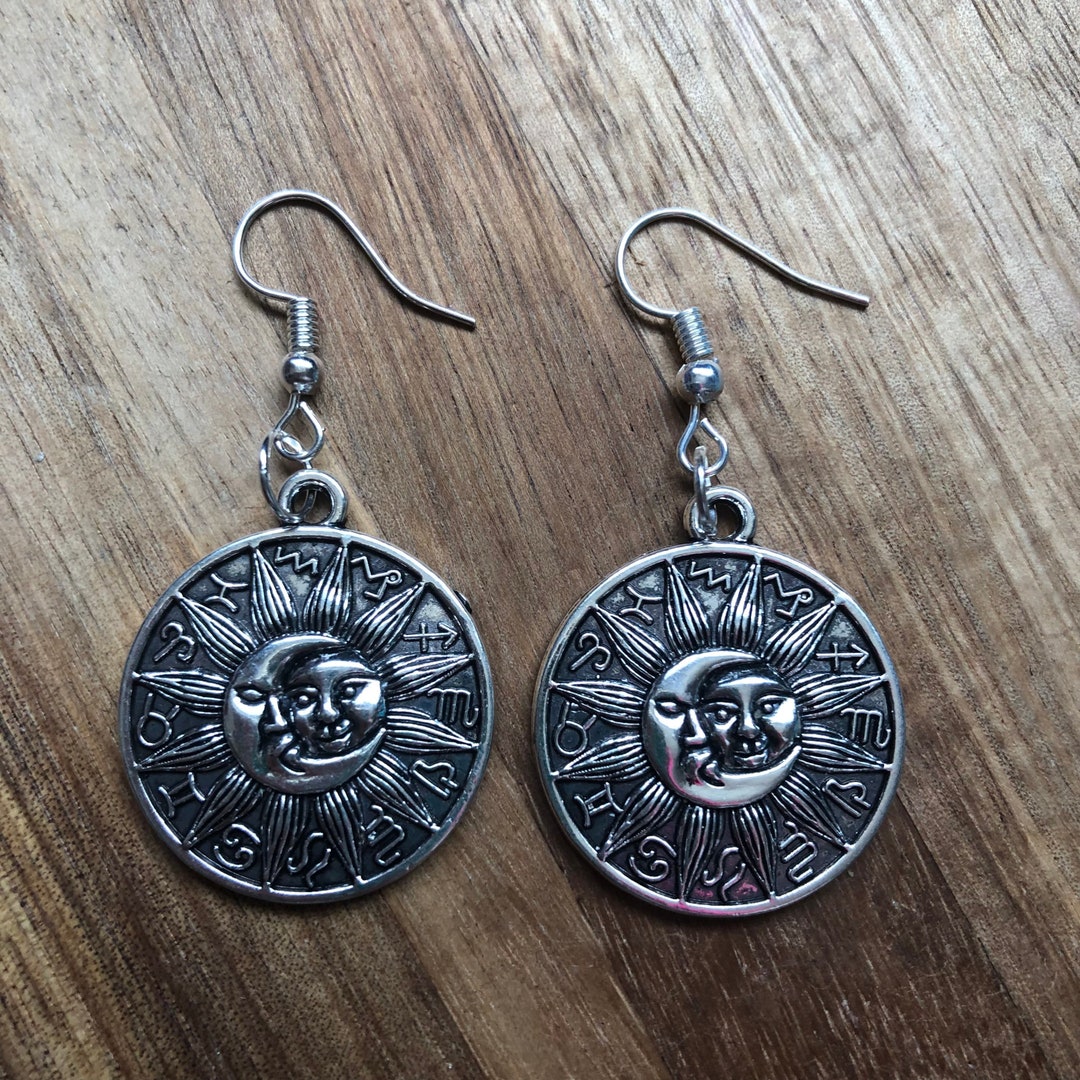 Zodiac Sun and Moon Earrings • Sterling Silver 925, Clip on or Silver ...