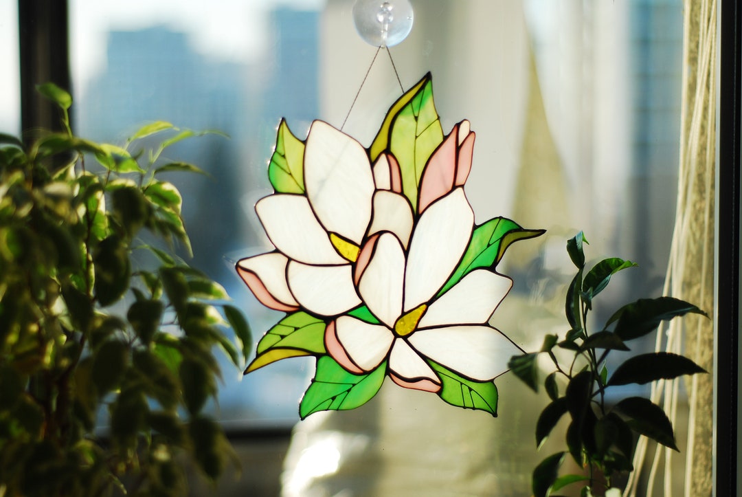 Gentle Magnolia Stained Glass Suncatcher Stained Glass Magnolia Window ...