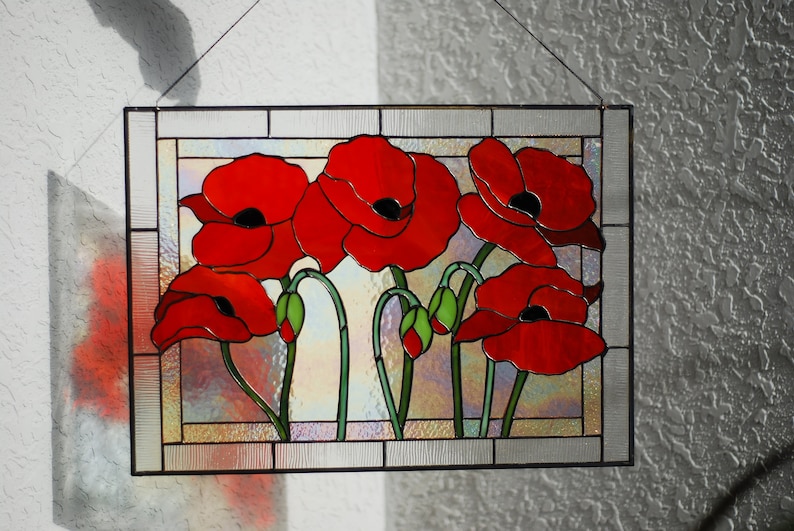 Stained Glass Panel Poppies Stained Glass Window Hanging Red - Etsy