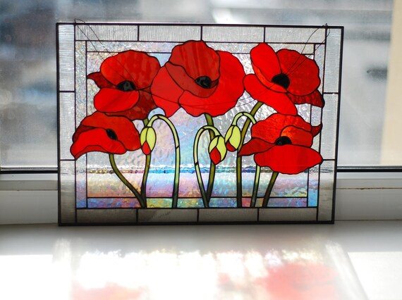 Stained Glass Poppy Pattern Poppy Stained Glass Window Stock Vector