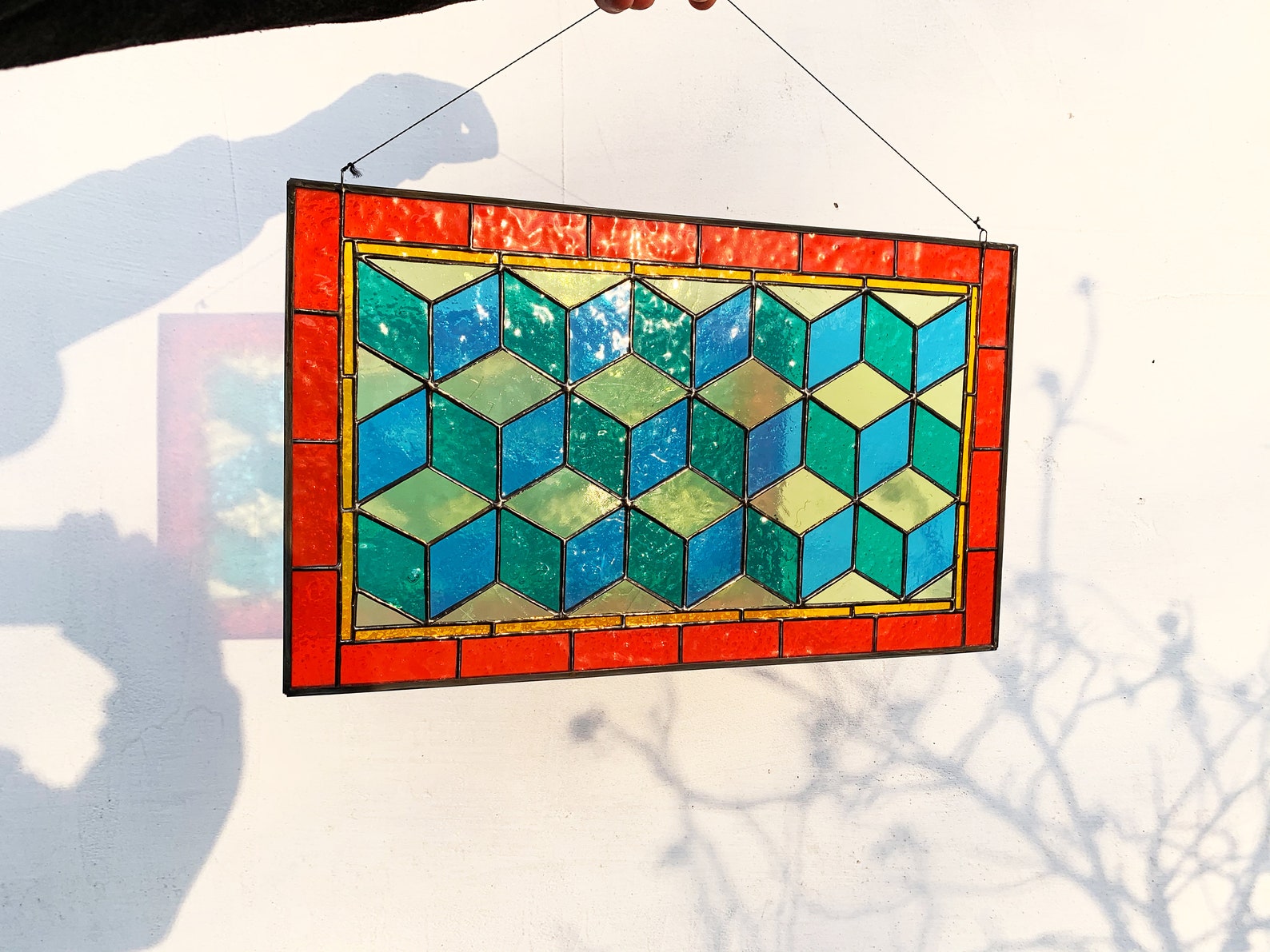Geometric Stained Glass Panel: 3D Cube Window Hangings (10x17 Inches ...