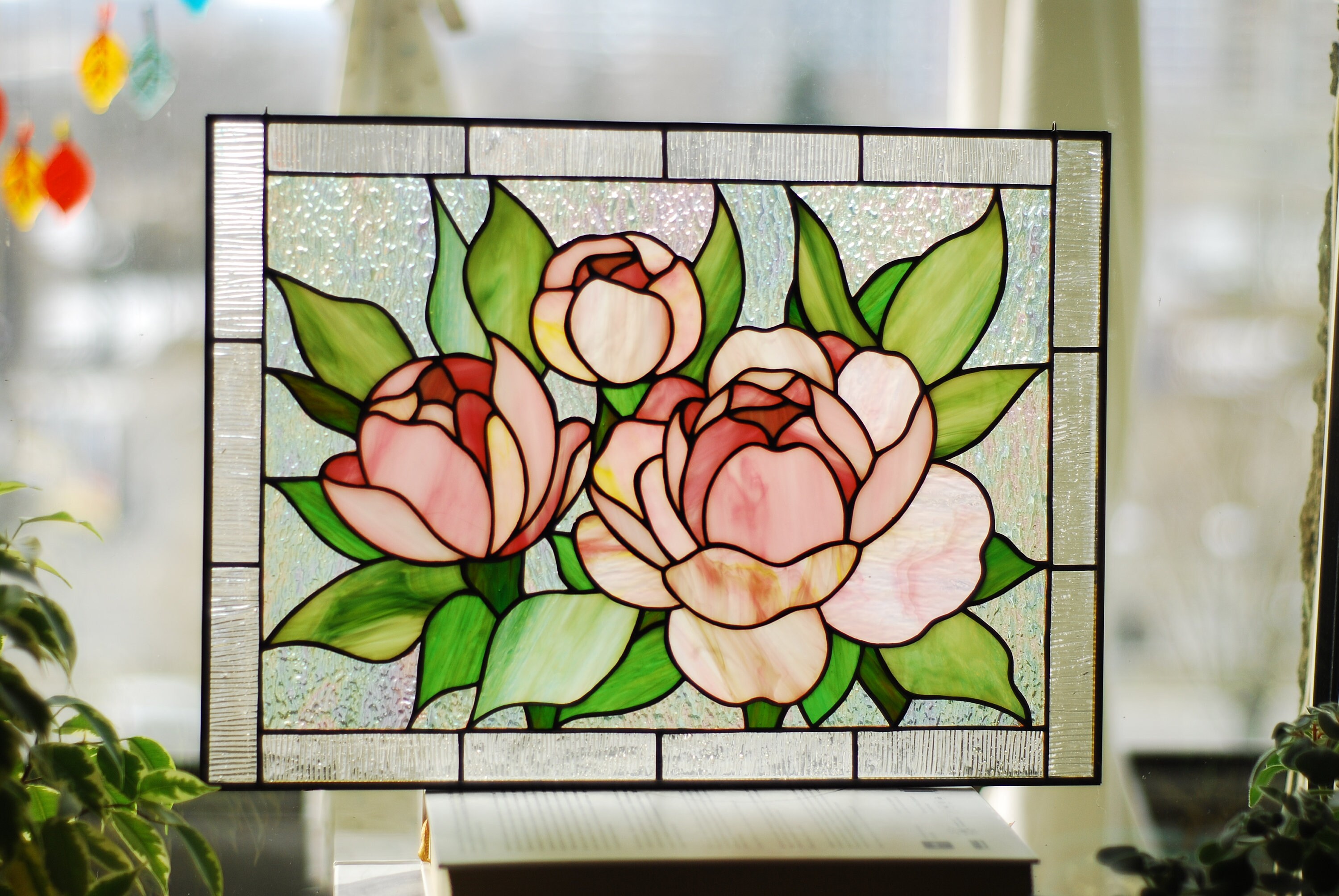 Stained glass panel Peony Stained glass window hanging Pink | Etsy