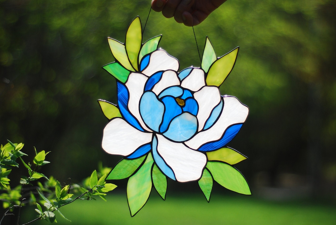 Peony Stained Glass Panel Peony Suncatcher Window Decor Custom Blue ...